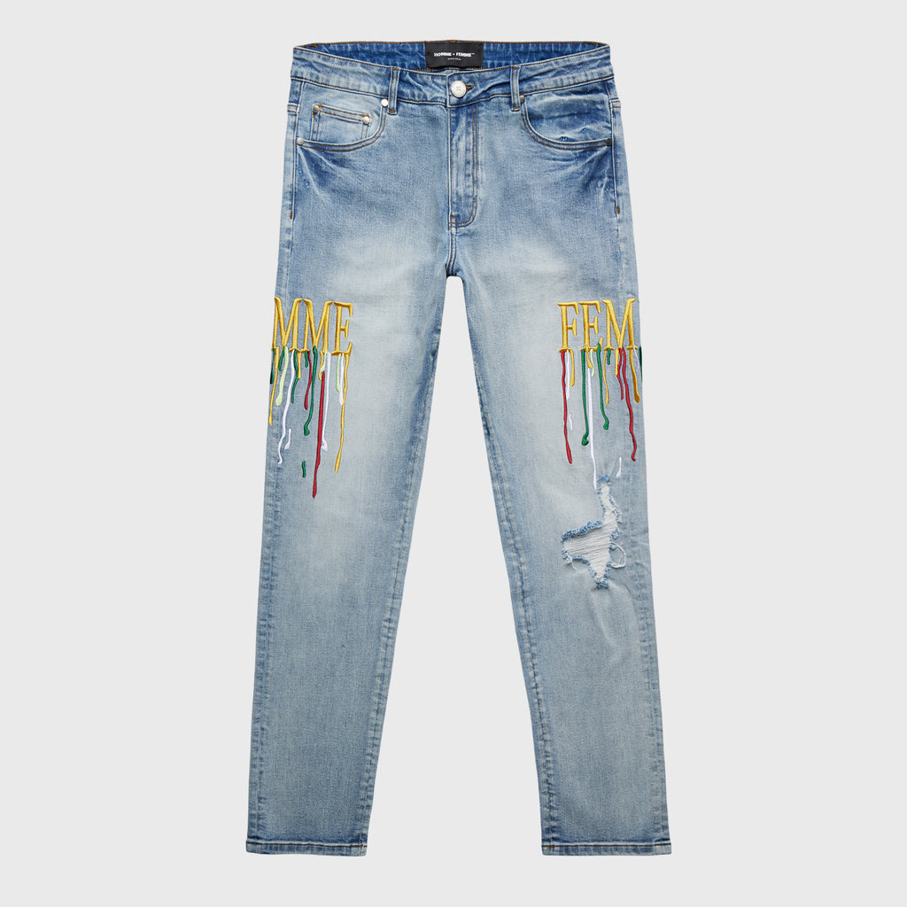 Letterman Drip Denim Blue With Yellow Letters – HommeFemmeLA